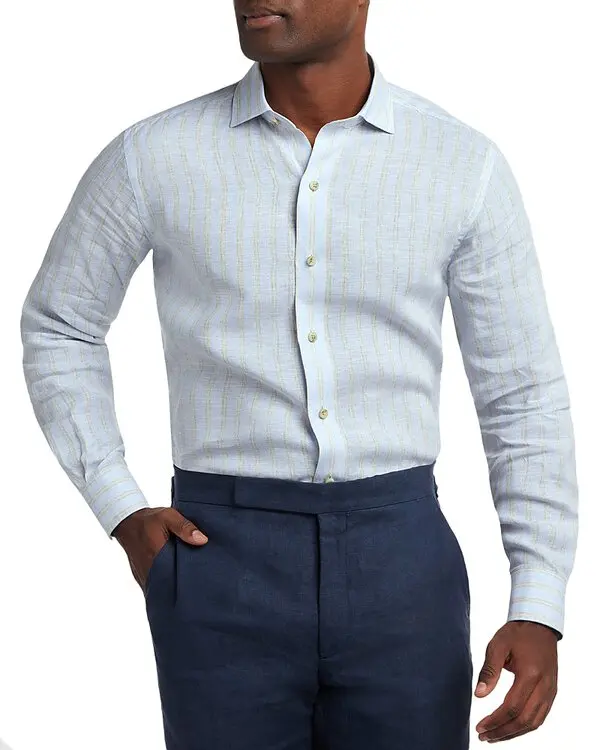 David Donahue Linen Stripe Shirt - Sky/ Dune