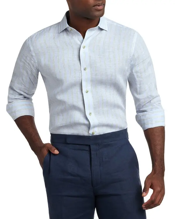 David Donahue Linen Stripe Shirt - Sky/ Dune