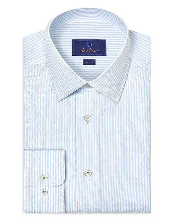 David Donahue Trim Fit Silk Blend Herringbone Stripe Dress Shirt - White/ Sky