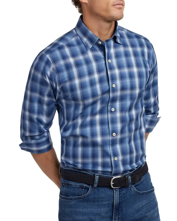 David Donahue Ombre Twill Check Shirt - Navy/ Blue