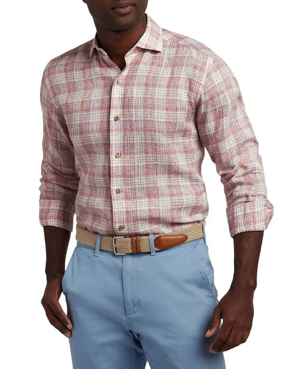 David Donahue Linen Check Shirt - Red/ Multi