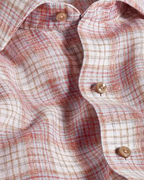 David Donahue Linen Check Shirt - Red/ Multi