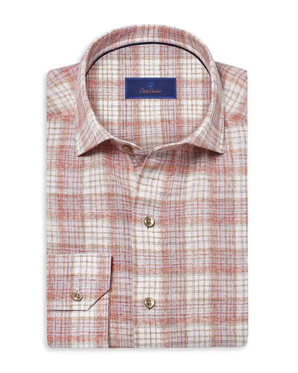David Donahue Linen Check Shirt - Red/ Multi