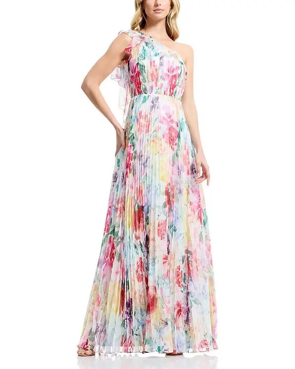 Dress The Population Sleeveless One Shoulder Fit-and-flare Gown - Ivory Multi