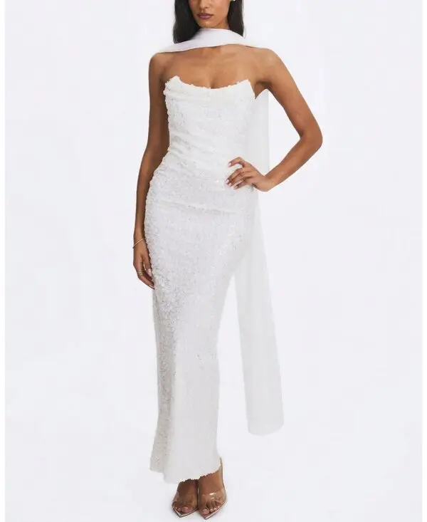 MISS CIRCLE NEW YORK Myra Beaded Mesh Strapless Maxi Dress