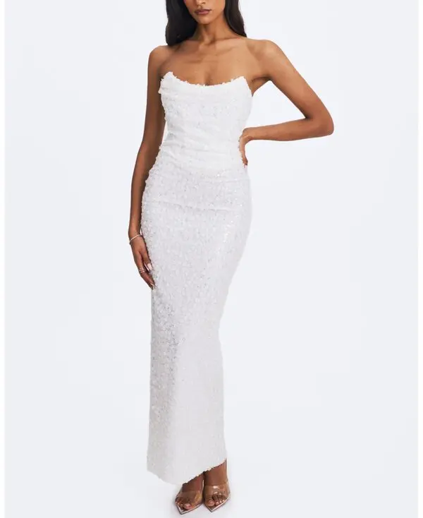 MISS CIRCLE NEW YORK Myra Beaded Mesh Strapless Maxi Dress