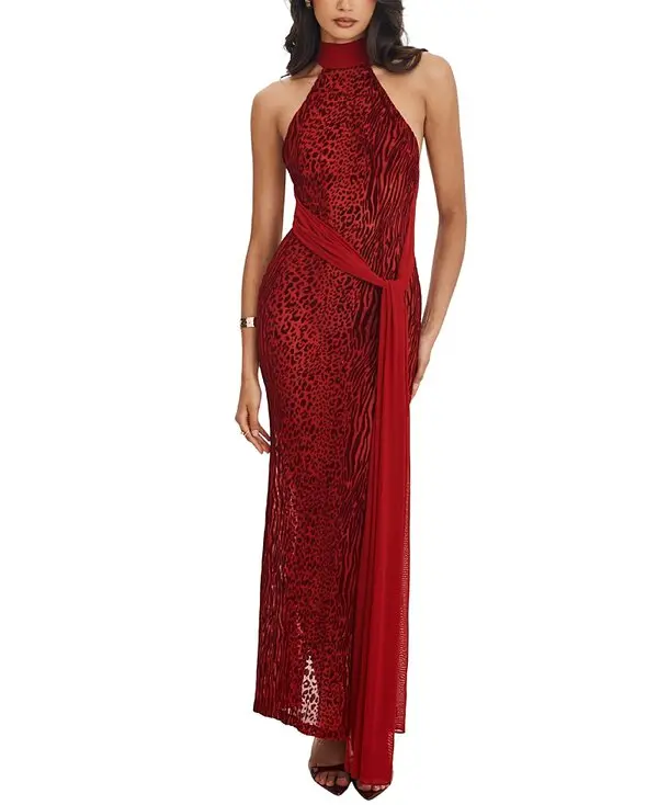 MISS CIRCLE Cerise Burnout Velvet Multiwear Mesh Ribbon Maxi Dress - Scarlet