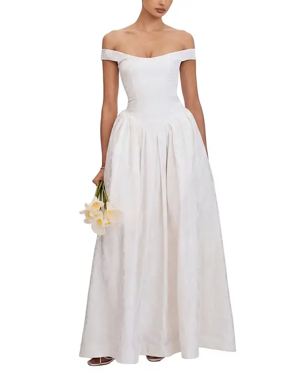 MISS CIRCLE NEW YORK Tinsley Jacquard Bardot Gown - White