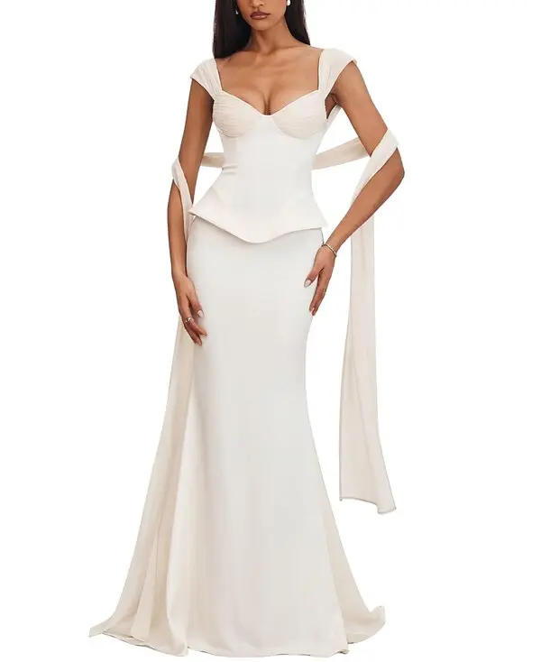 MISS CIRCLE Jessalyn Sweetheart Peplum Mermaid Gown With Chiffon Scarf - White