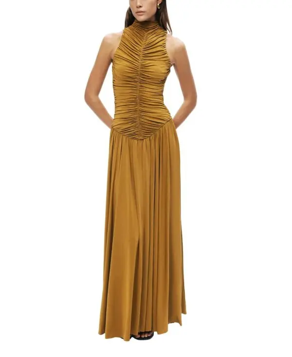 NOCTURNE Ruched High-neck Maxi Dress - Camel