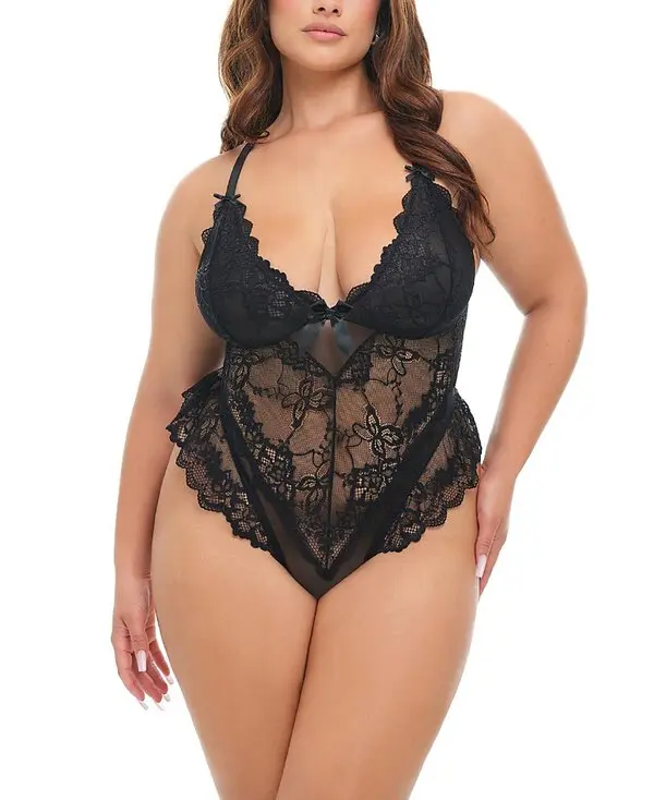 OH LA LA CHERI Curvy Valentine Sheer Lace Teddy - Black