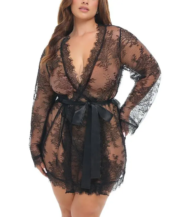 OH LA LA CHERI Curvy Amour Short Lace Robe - Black