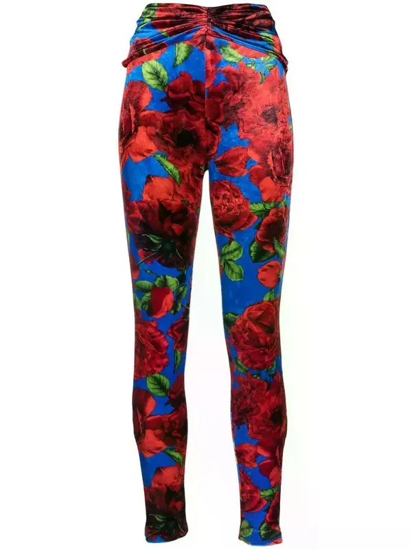 Magda Butrym Rose-print Velvet Leggings - Blue