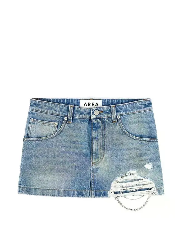 AREA Crystal-embellished Frayed Denim Mini Skirt