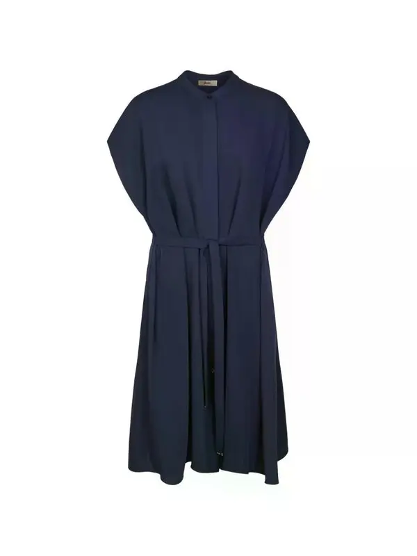 Herno Belted Midi Dress With High Neck And Short Sleeves - Blue