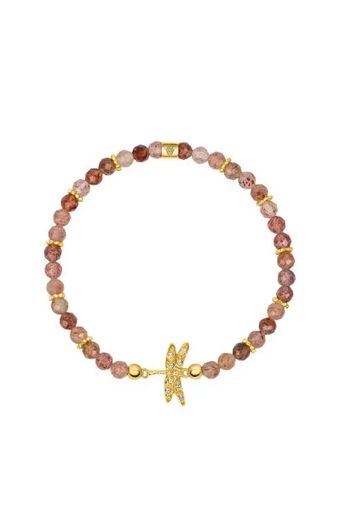 KARMA AND LUCK Strawberry Quartz Dragonfly Charm Bracelet - Pink/gold