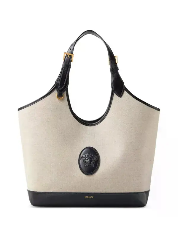 Versace Rivière Large Canvas Tote With Medusa Cameo - Neutrals