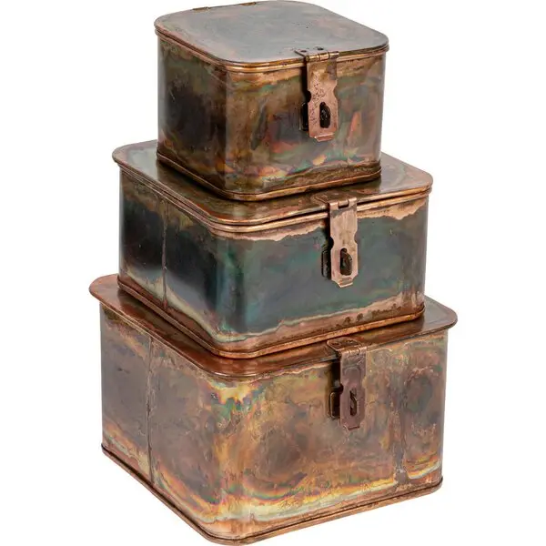 STORIED HOME Various Square Decorative Boxes, Burnt Finish - Copper