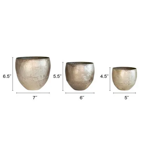 STORIED HOME Various Round Metal Planters With Distressed Finish, Pewter