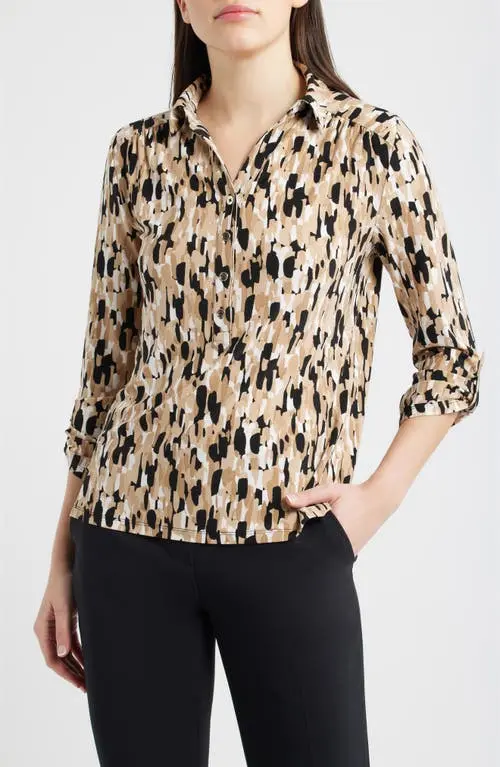 Anne Klein Printed Roll-tab Sleeve Shirt - Anne Black/latte Multi