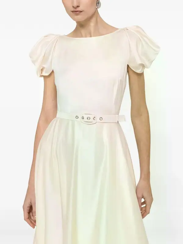 NISSA Belted Puff-sleeve Midi Dress - Neutrals