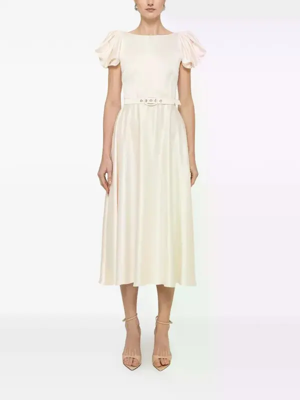 NISSA Belted Puff-sleeve Midi Dress - Neutrals