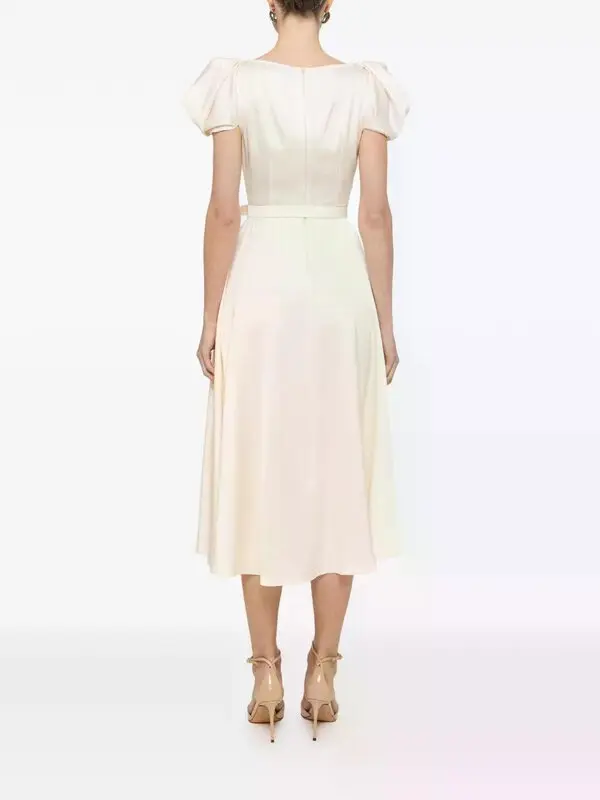 NISSA Belted Puff-sleeve Midi Dress - Neutrals