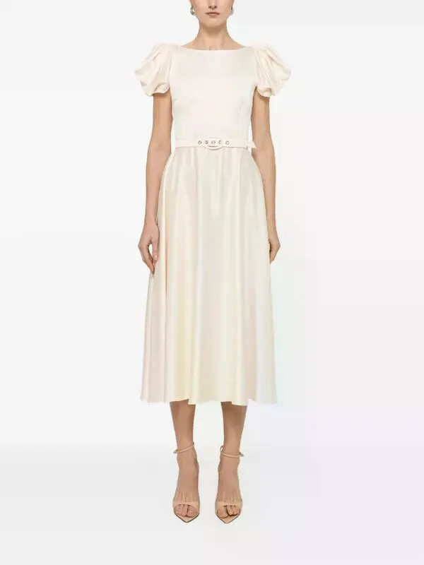 NISSA Belted Puff-sleeve Midi Dress - Neutrals