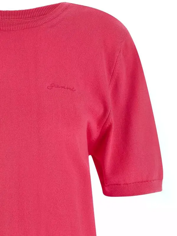 GANNI Embroidered-logo Back-ribbon T-shirt - Pink