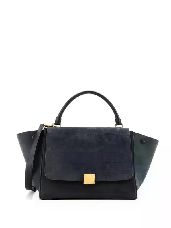 Celine Trapeze Crocodile Embossed Nubuck Medium Shoulder Bag - Black