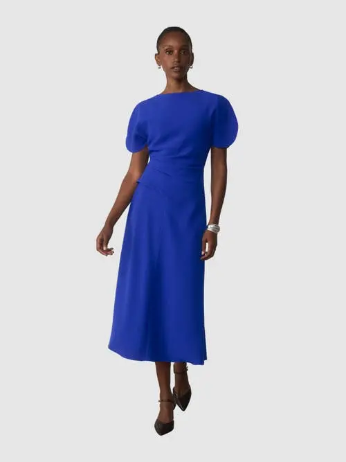 The Fold Salerno Midi Dress With Gathered Waistband And Petal Sleeves - Blue