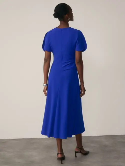 The Fold Salerno Midi Dress With Gathered Waistband And Petal Sleeves - Blue