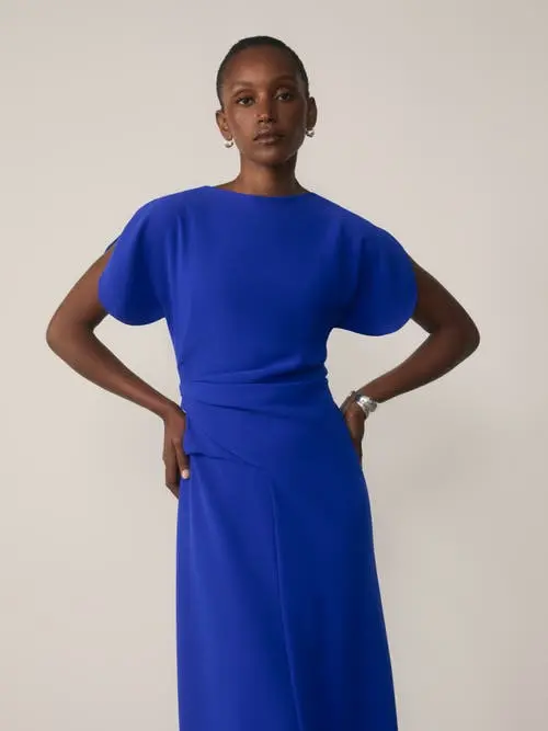 The Fold Salerno Midi Dress With Gathered Waistband And Petal Sleeves - Blue
