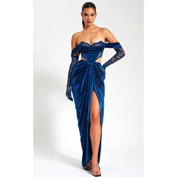 MISS CIRCLE Quintesa Cutout Lace Velvet Gown - Blue