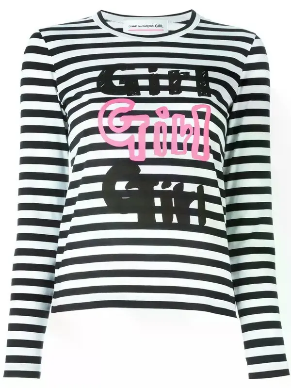 Comme Des Garçons Striped 'girl' Print T-shirt - White