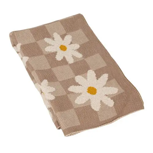 STORIED HOME Cotton Knit Baby Blanket With Daisies And Check Pattern - Tan