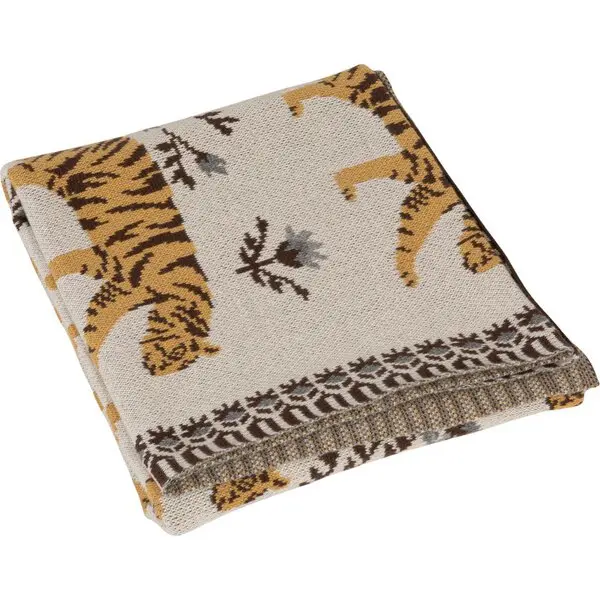 STORIED HOME Cotton Knit Baby Blanket With Tigers - Cream