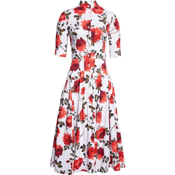 Carolina Herrera Rose Print Cotton Poplin Shirtdress - White Multi
