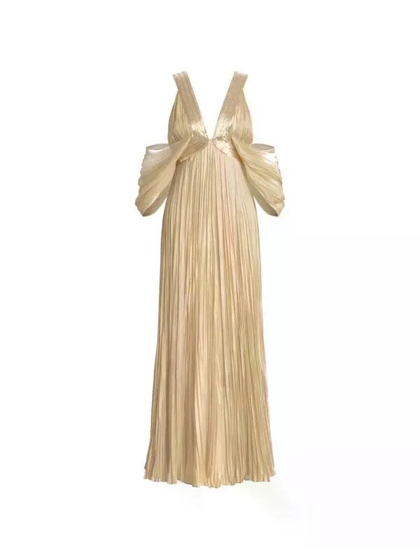 Alberta Ferretti Pleated V-neck Maxi Dress - Neutrals