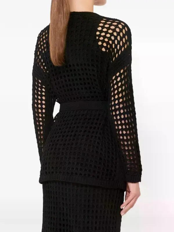 Max Mara Belted Open Knit Cotton Cardigan - Black