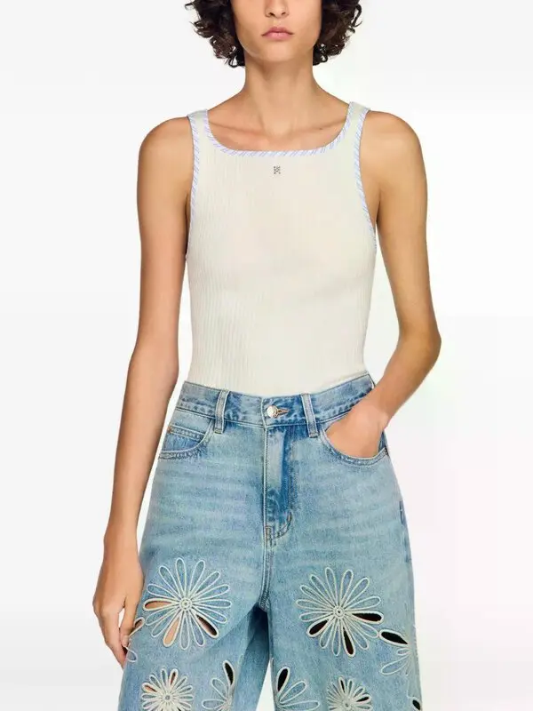 Sandro Ribbed Knit Vest Top With Striped Trim