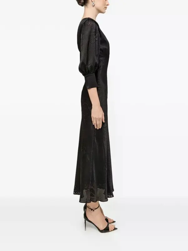 NISSA Puff-sleeve Midi Dress With Floral Pattern - Black