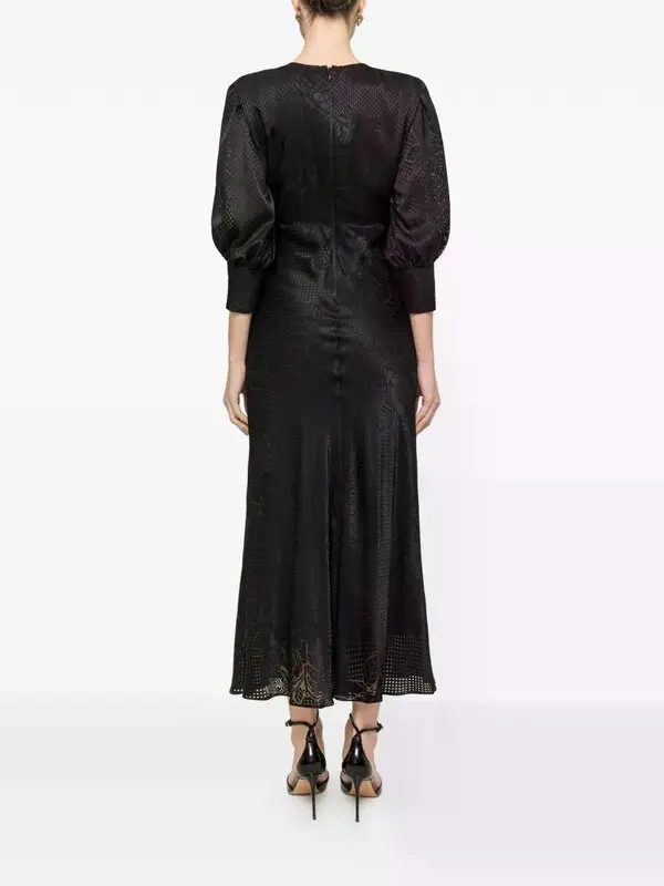 NISSA Puff-sleeve Midi Dress With Floral Pattern - Black