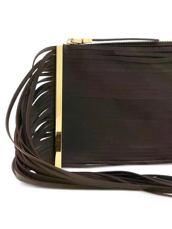Elisabetta Franchi Leather Clutch With Fringes And Chain Strap - Brown