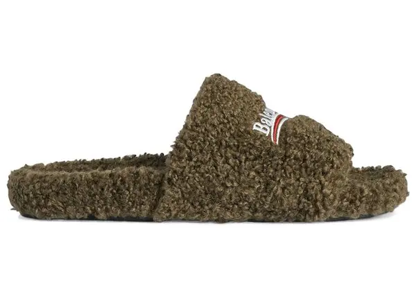 Balenciaga Furry Open Mule - Army Green/white/red