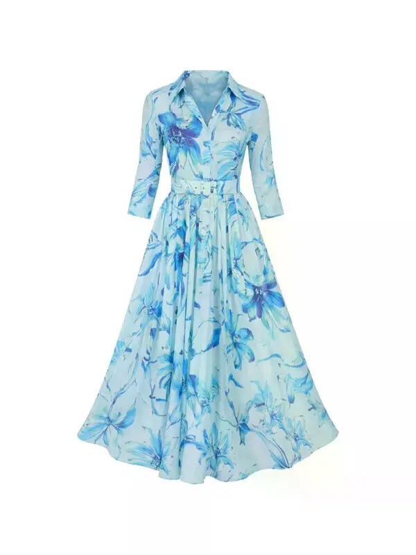 Samantha Sung Aster Floral Print Belted Maxi Dress - Blue