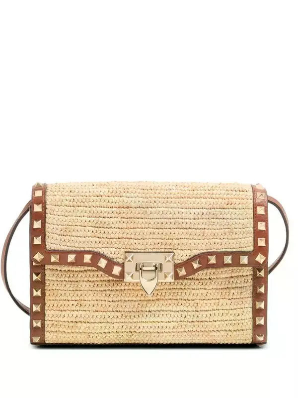 Valentino Garavani Rockstud Raffia Shoulder Bag - Neutrals