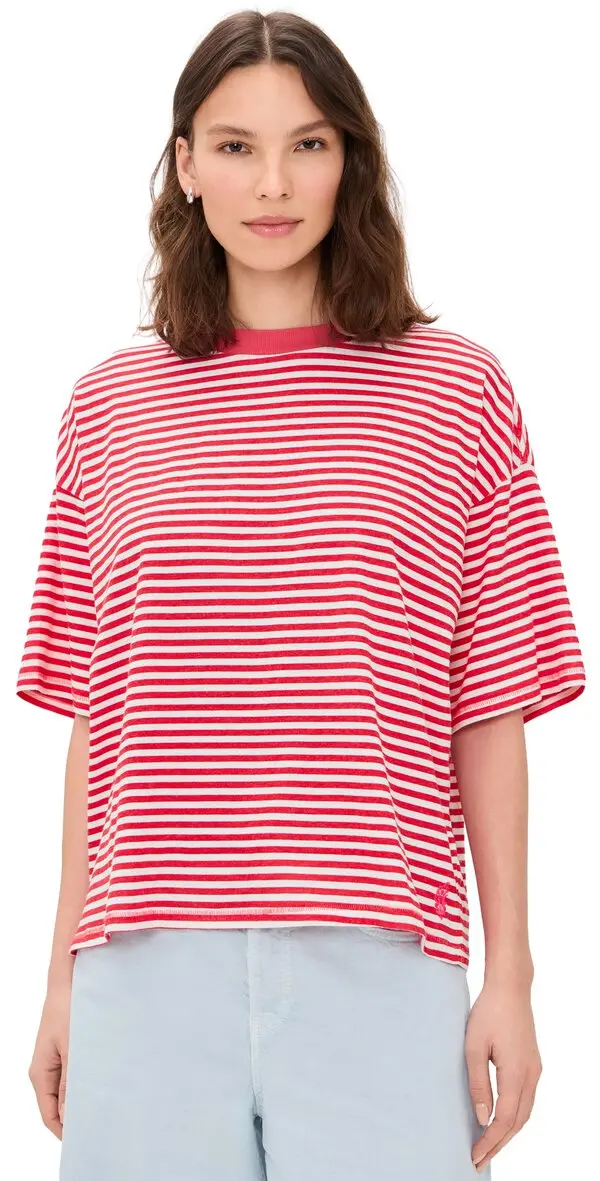 Free People Oversized Stripe Tackle Tee - Prep Stripe Grapefruit