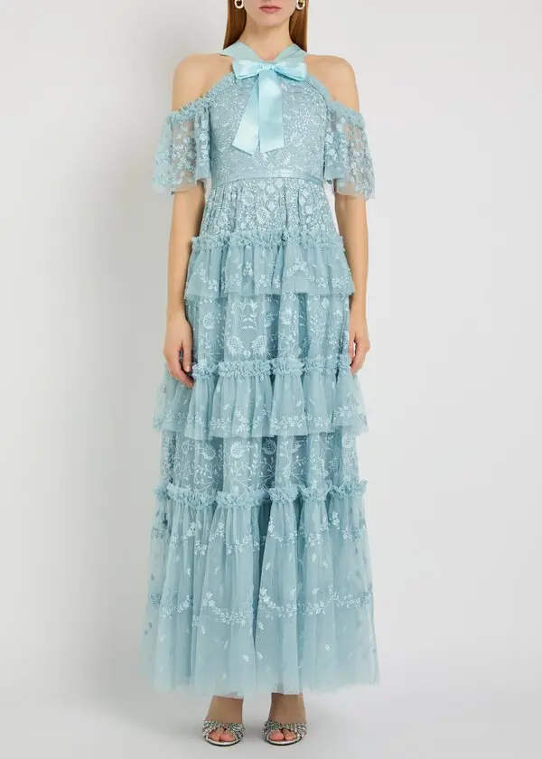 NEEDLE & THREAD Floral-embroidered Tulle Gown