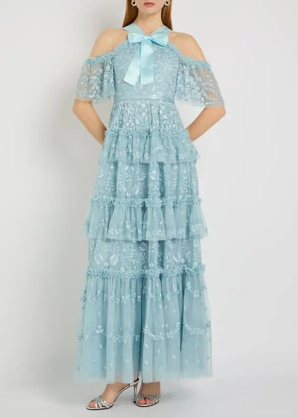 NEEDLE & THREAD Floral-embroidered Tulle Gown